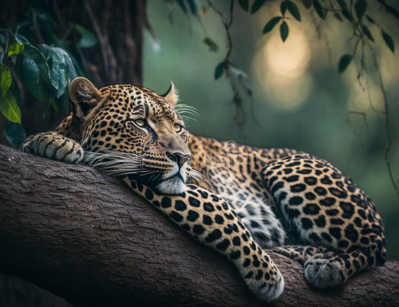 A Sri Lankan Leopard Lounging on a Tree Branch in the Lush Jungle ...