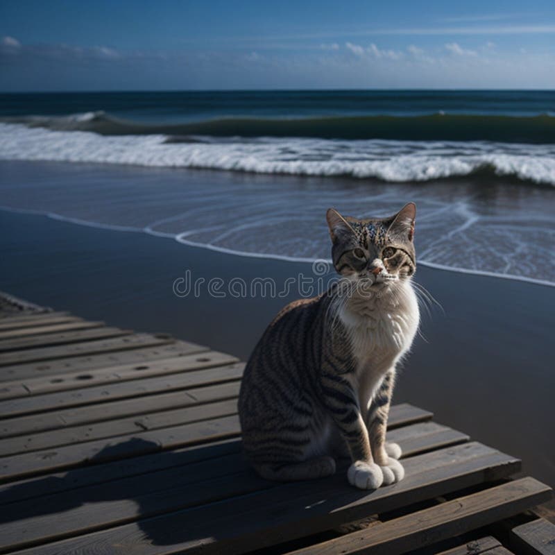 Cute cat on the beach stock illustration. Illustration of sandy - 280003536