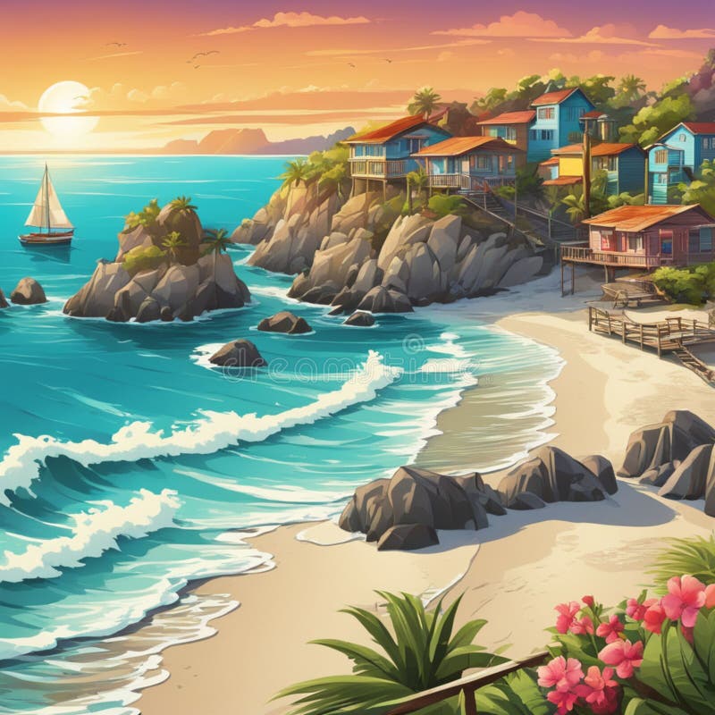 Beautiful Colorful Beach View Ai Generated Image Stock Image - Image of ...