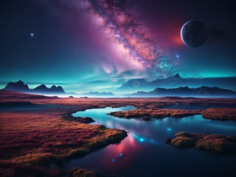 Futuristic Fantasy Night Landscape with Abstract Night Sky with Space ...