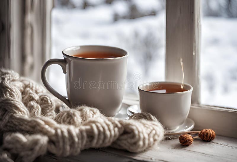 Cozy Winter Still Life: Mug of Hot Tea and Warm Woolen Knitting on ...