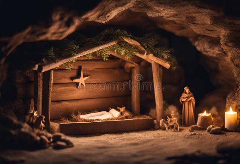 Christian Christmas Scene with Empty Wooden Manger, Star of Bethlehem ...