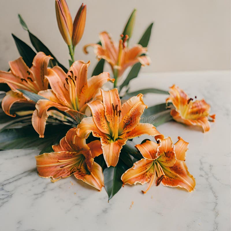 A Bouquet of Orange Lilies Table Stock Vector - Illustration of purple ...