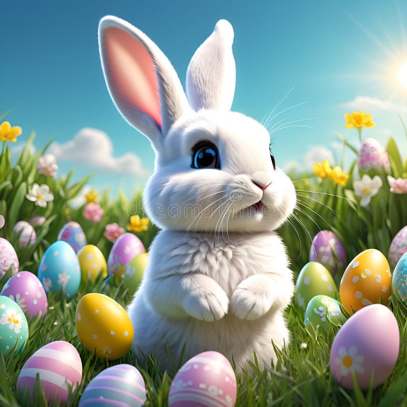 A Cute White Easter Bunny Sits in a Lawn on Grass Stock Illustration ...