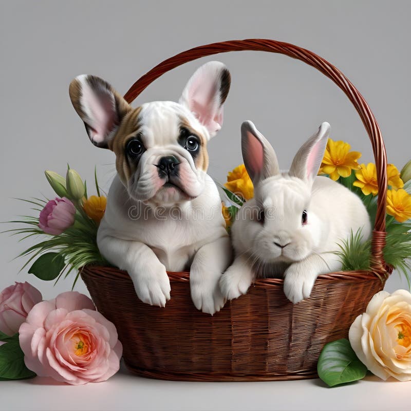French Bulldog Puppy and Cute White Rabbit Sitting in a Wicker Basket ...