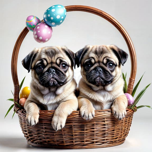 Two Cute Pug Puppies in a Wicker Basket Stock Illustration ...