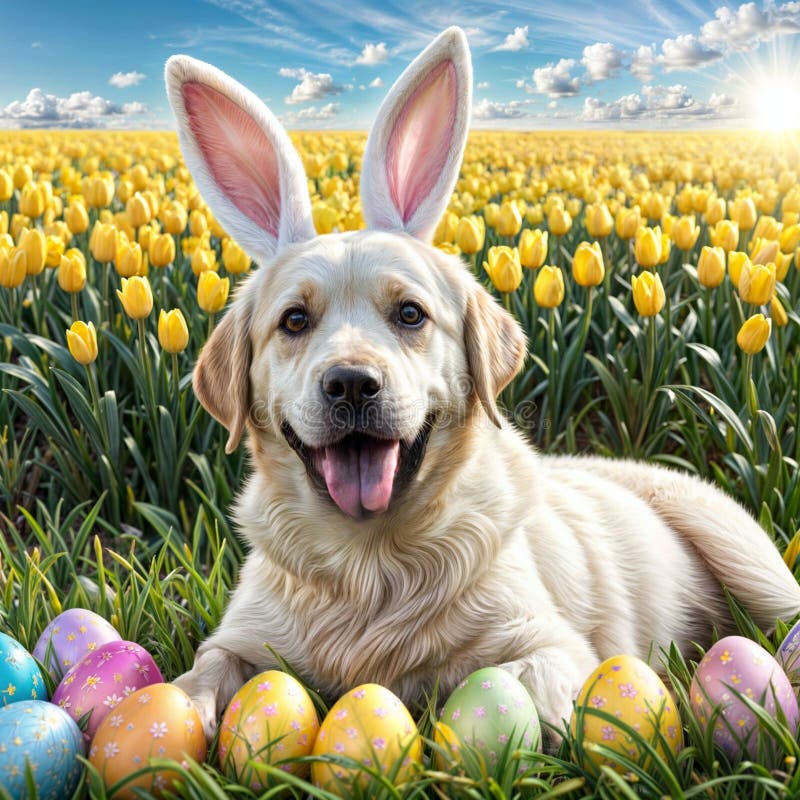 Cute Joyful Light Labrador on the Head with Bunny Ears Stock ...
