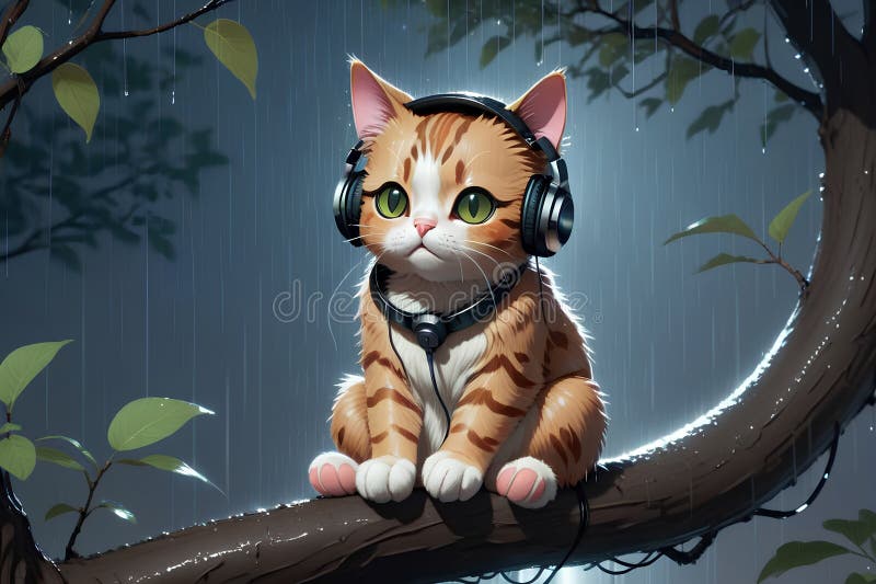 Lofi Cat Relaxing on Tree Branch, Listening To Music Stock Illustration ...