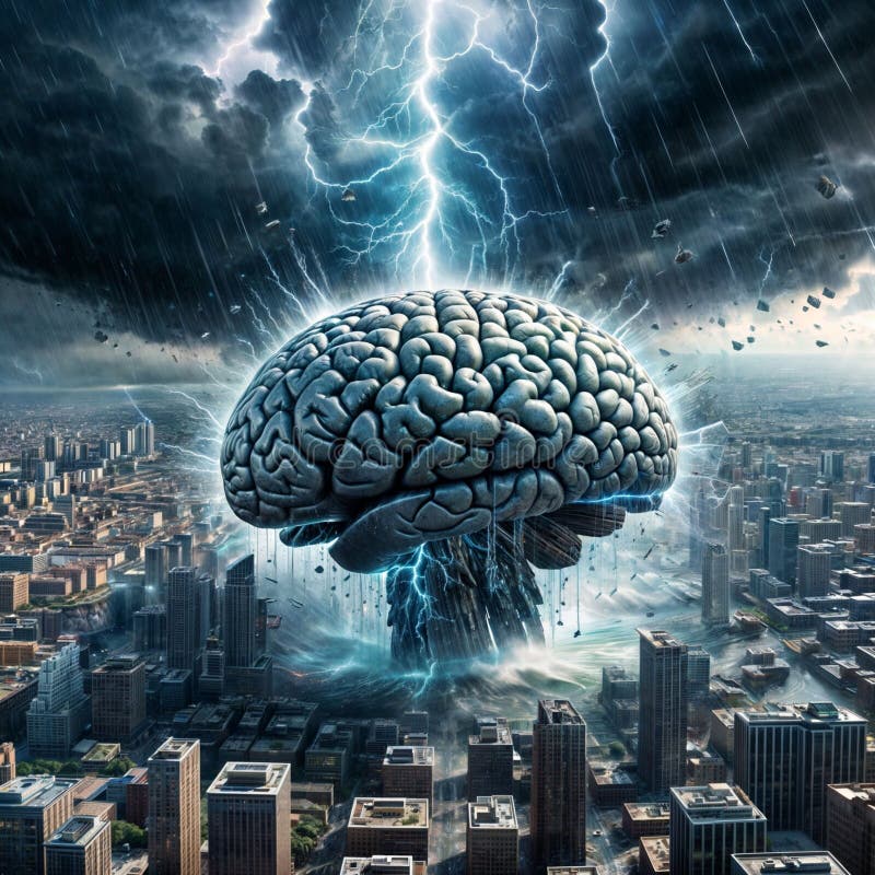 Universal Brain Over the City Blue Lightning Passes through the Brain ...