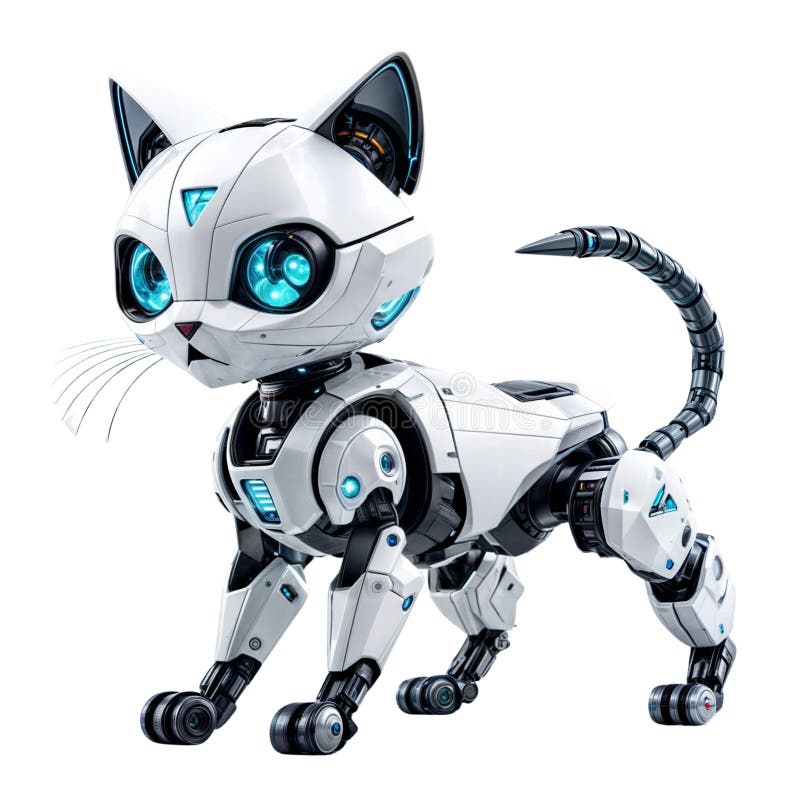 Cute White Robot Kitten with Blue Neon Lights. Stock Illustration ...