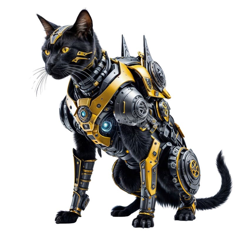 Black Cyber Cat Robot Transformer with Yellow Metal Stock Illustration ...