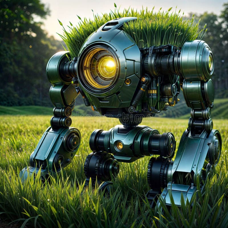 Robot in the Grass,head Covered with Grass Stock Illustration ...
