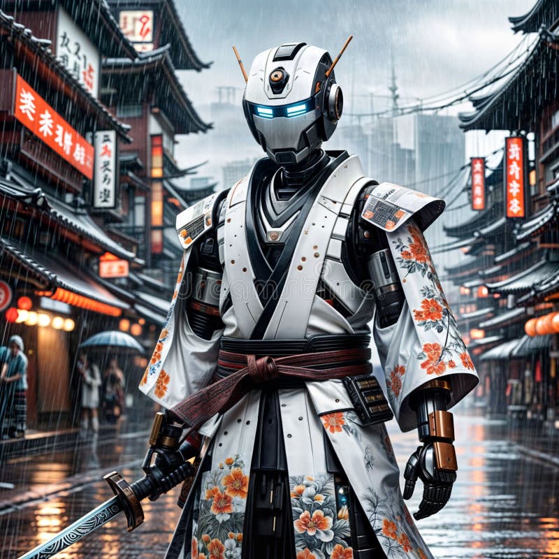 Robot Samurai in a Kimano Against Chinese Town Stock Illustration ...