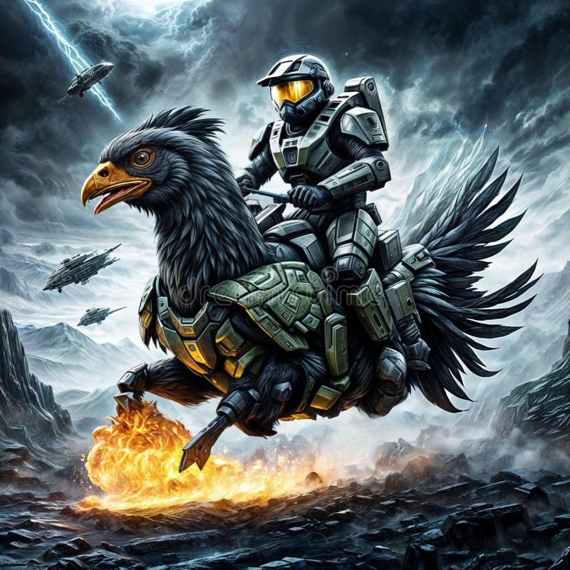 Robot Riding a Chicken a Background of Spaceships Stock Illustration ...