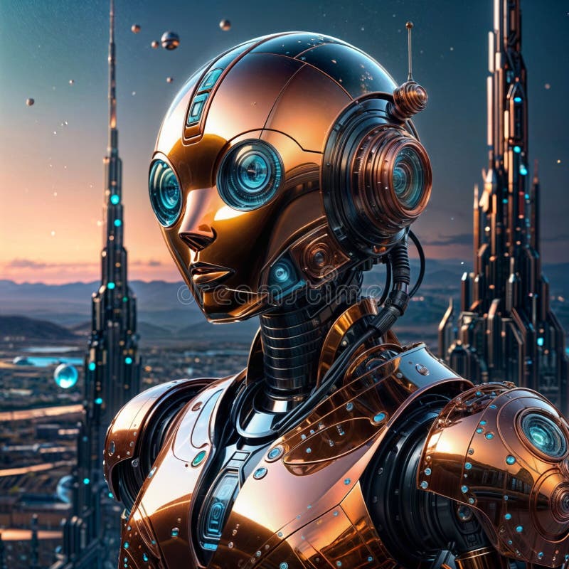 Metallic Copper Electronic Robot of a Fontastic City. Stock ...