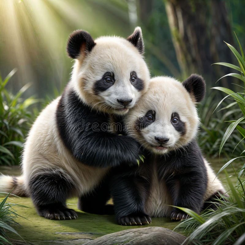 Two Baby Pandas Play with Each Other Against Nature Stock Illustration ...