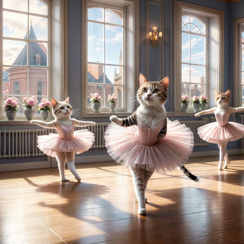 Three Cute Cats Dancing Ballet in Ballet Clothes Stock Illustration ...