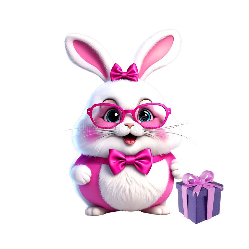 Rabbit Wearing a Pink Bow on His Head Lies Next To a Box with a Gift ...