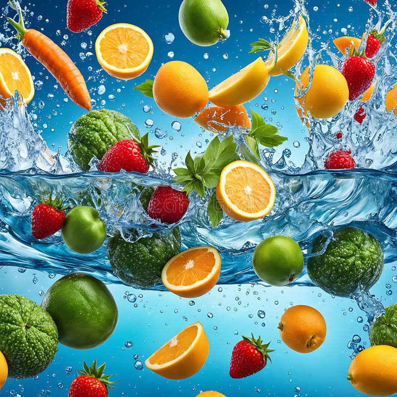 Many Different Fruits and Vegetables Float in the Water Stock ...