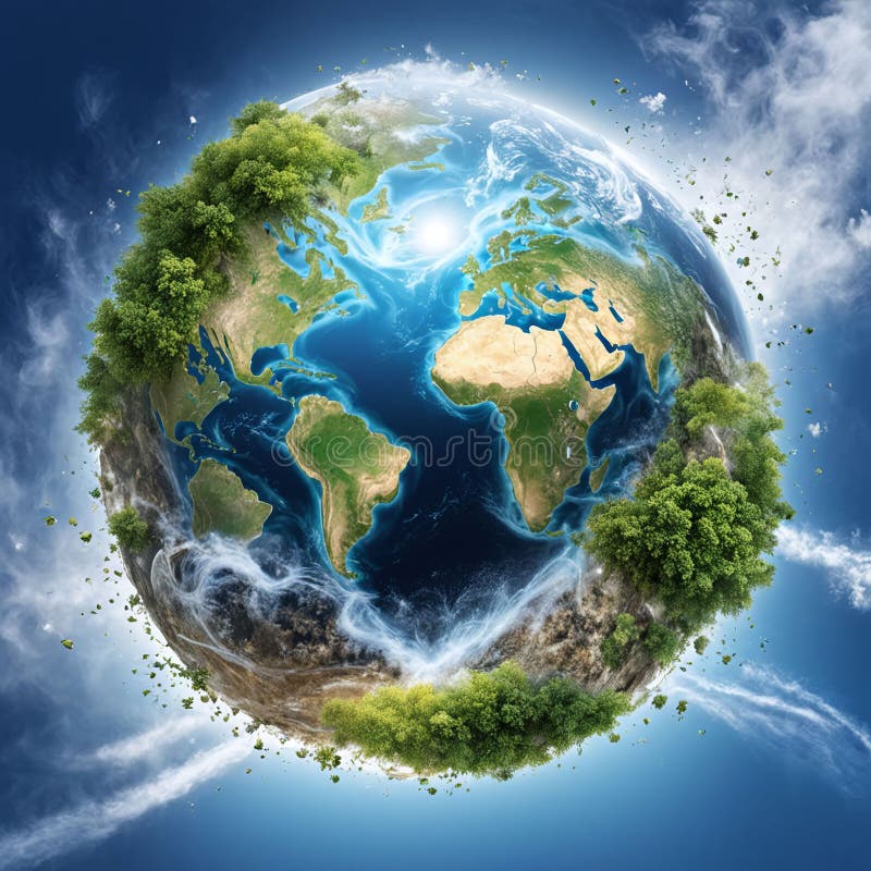 Planet Earth Globe and Trees Over Green Nature, Save Earth Concept ...