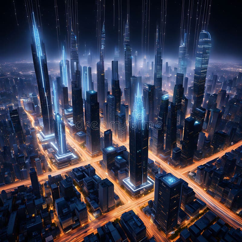 Big City at Night with High-rise Buildings and Streets Yellow from the ...