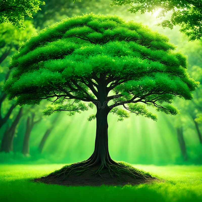 A Large Green Tree, Plant, Sprout, Growing on a Hill on Green Grass ...