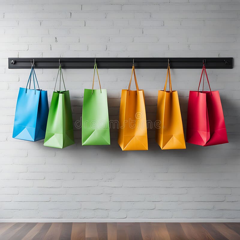 Colored Paper Shopping Bags Hang in a Row on the Wall White Bg Stock ...