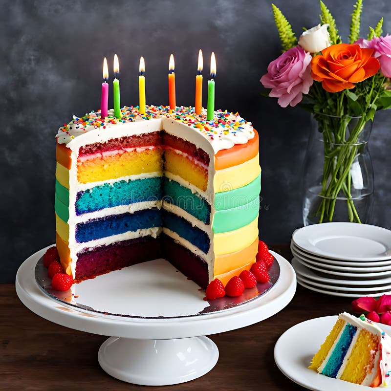 Birthday Cake with Rainbow Layers with Candles Stock Illustration ...