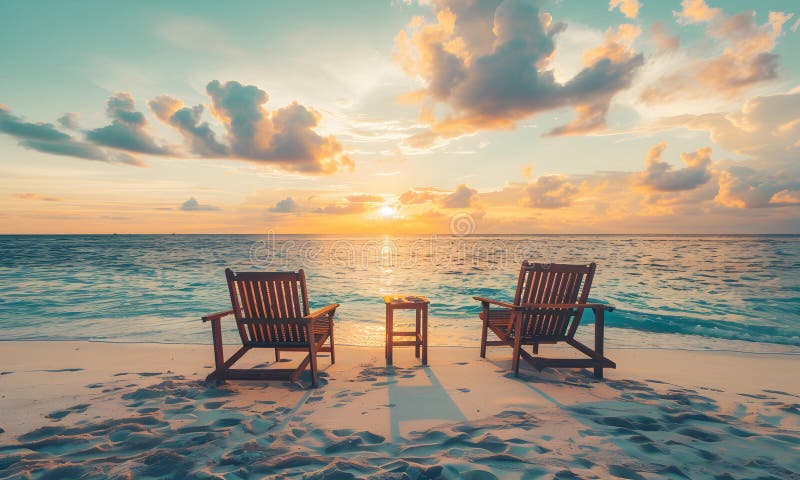 Sunset Time at the Beach and Sea View with Wooden Chair. Stock ...