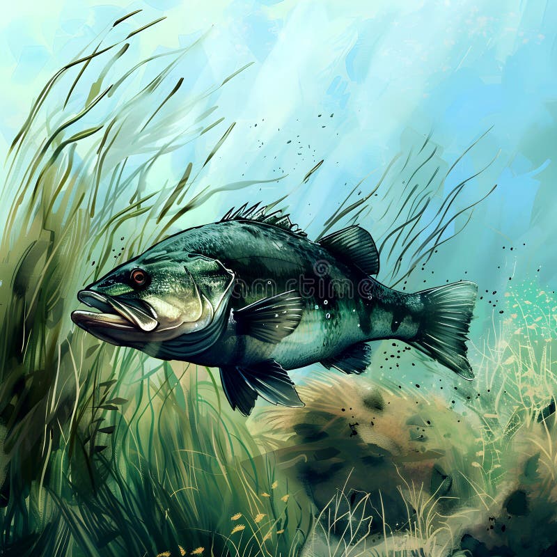 Bass Fish Underwater Scene in Watercolor Style Generative AI Stock ...