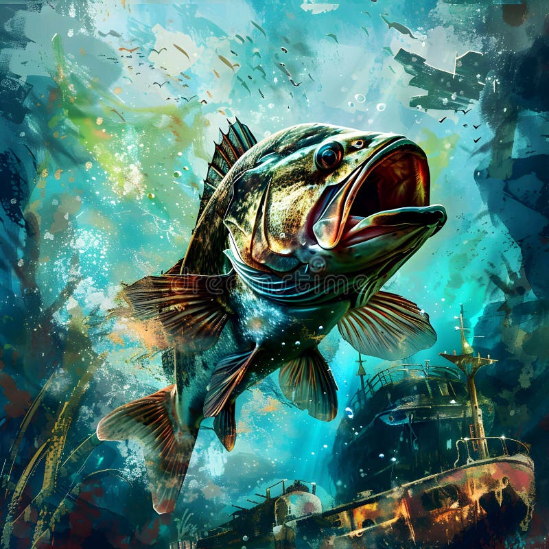 Bass Fish Underwater Scene in Watercolor Style Generative AI Stock ...