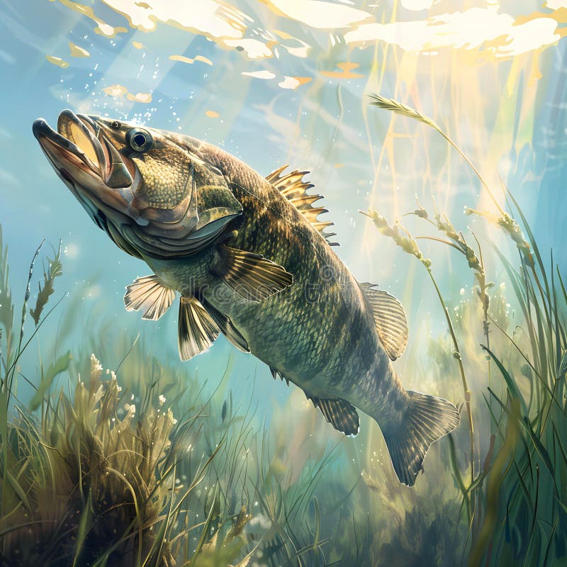 Bass Fish Underwater Scene in Watercolor Style Generative AI Stock ...