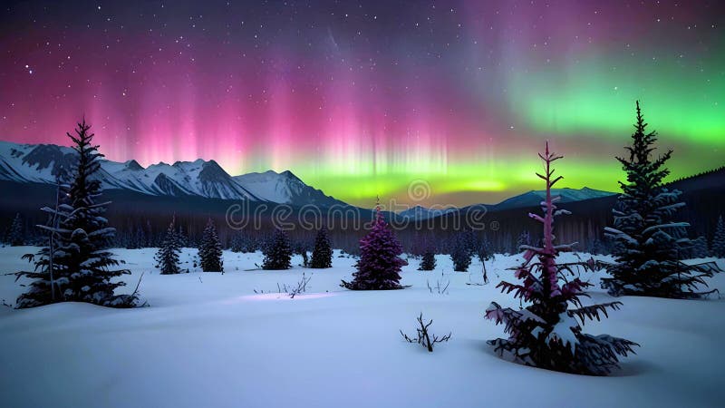 Massive Northern Aurora. North Pole Glacier Mountains and Glowing Sky ...