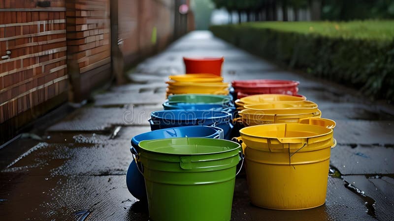 Buckets in the Rain Collecting Rainwater. Backyard Garden Compound Area ...