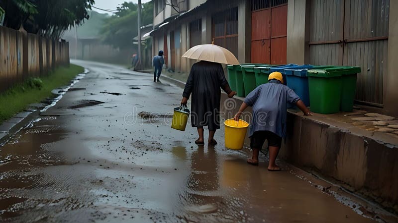 Two People Carrying Buckets in the Rain. Stock Image - Image of blue ...