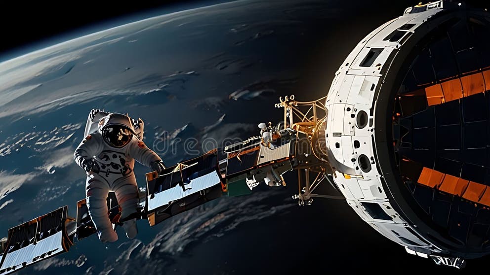 Astronaut Spacewalk Outside Space Shuttle Module in Earth Orbit. Stock ...