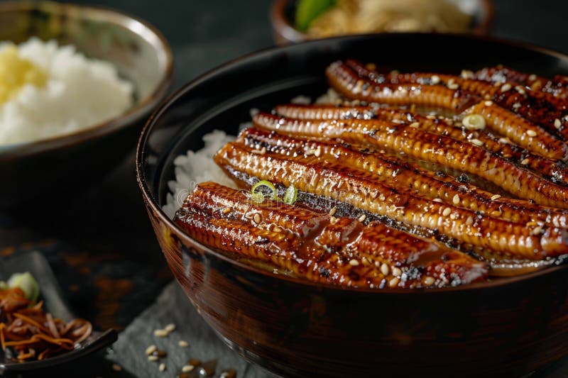 Japanese Unadon Kabayaki, Grilled Eel Over Rice in a Black Bow Stock ...