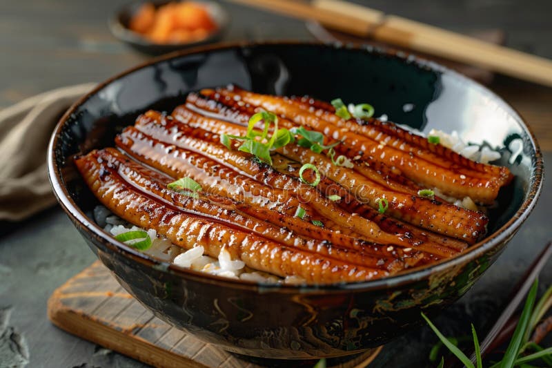 Japanese Unadon Kabayaki, Grilled Eel Over Rice in a Black Bow Stock ...