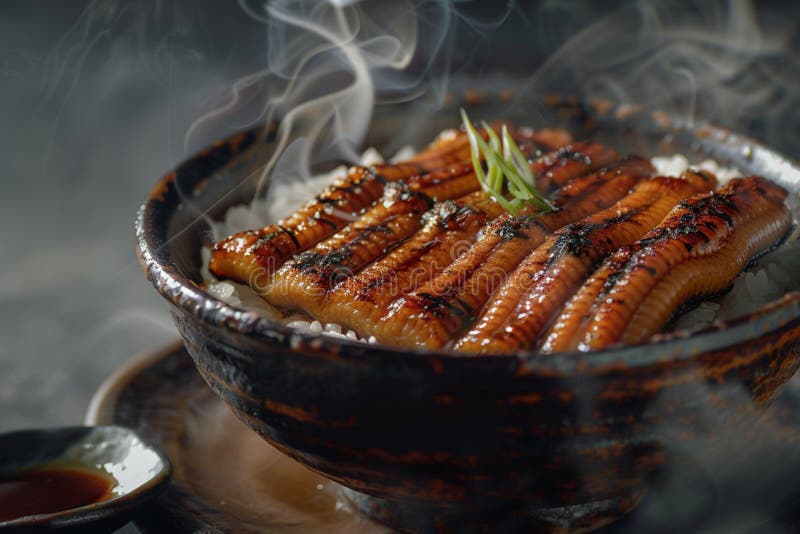 Japanese Unadon Kabayaki, Grilled Eel Over Rice in a Black Bow Stock ...