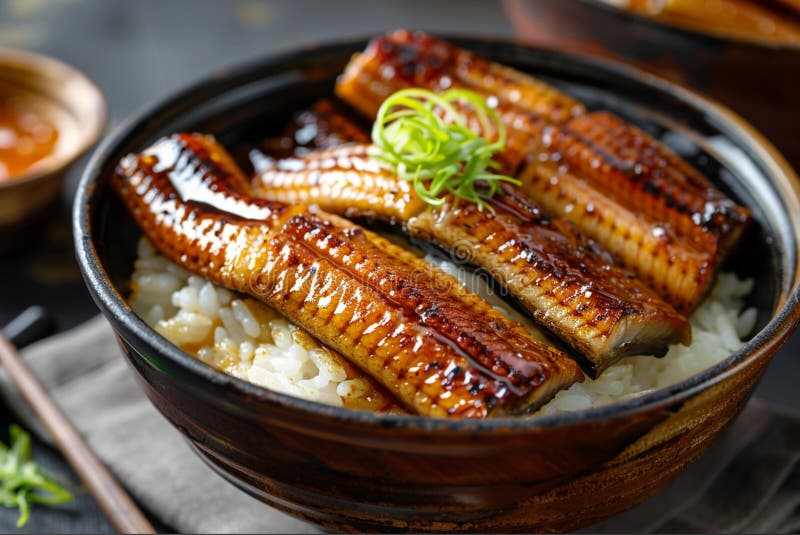 Japanese Unadon Kabayaki, Grilled Eel Over Rice in a Black Bow Stock ...