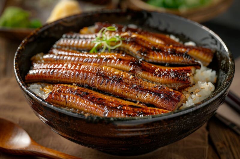 Japanese Unadon Kabayaki, Grilled Eel Over Rice in a Black Bow Stock ...