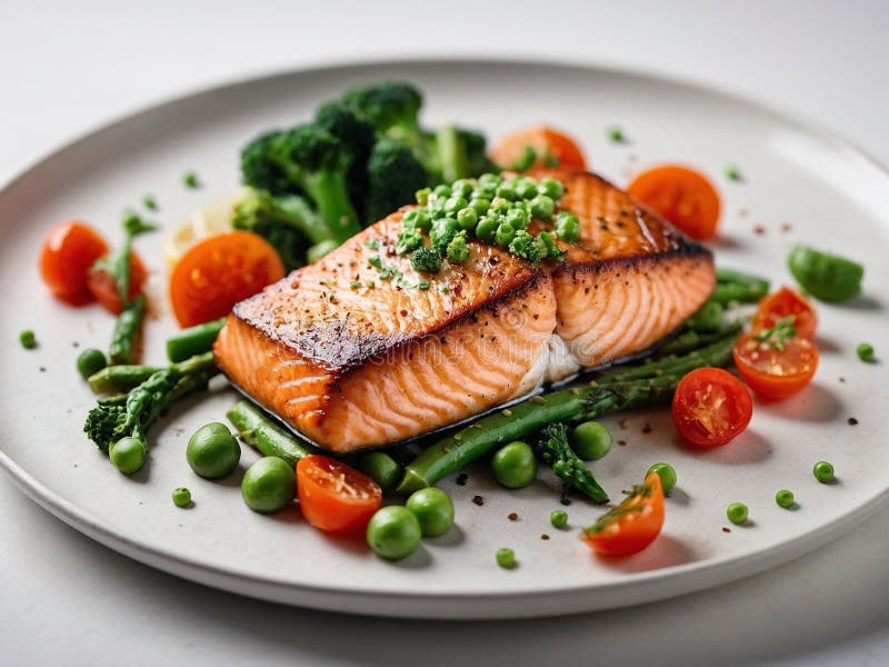 Savory Salmon Filet Steak Over a Variety of Vegetables, Cinematic Food ...