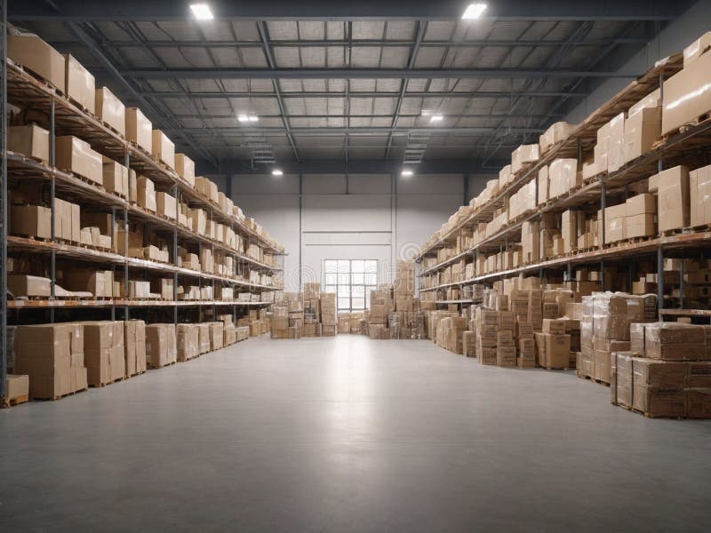 Clean Warehouse with Shelves, Cardboard, Boxes, and Products. Stock ...