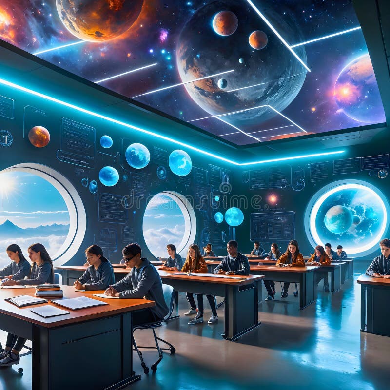 Futuristic Classroom with Students Engaged in Learning about Space and ...