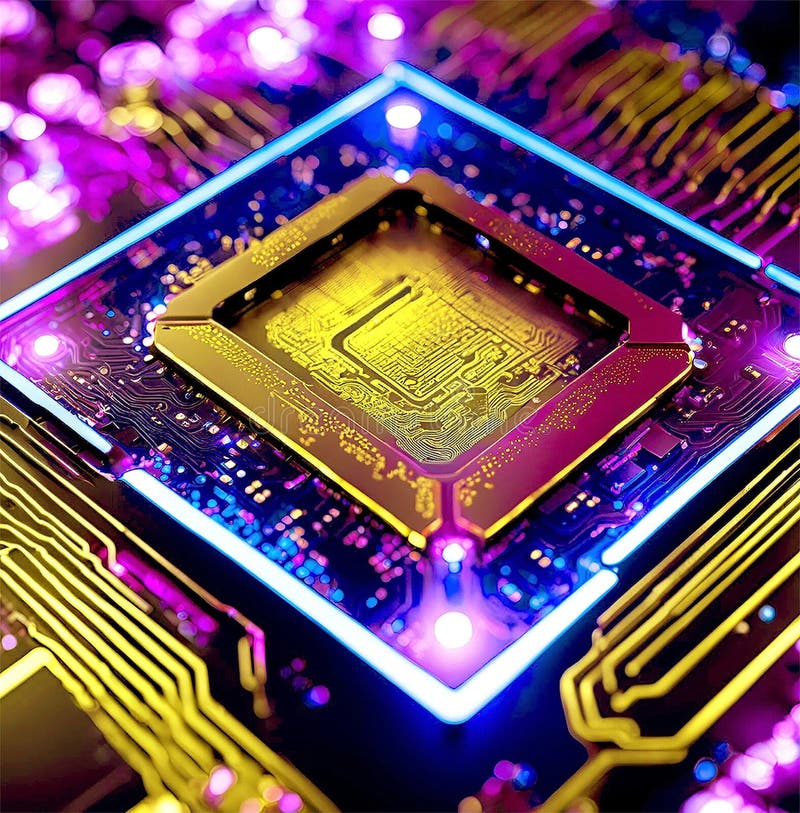Futuristic Semiconductor Chip with Gold Circuits and Neon Illumination ...