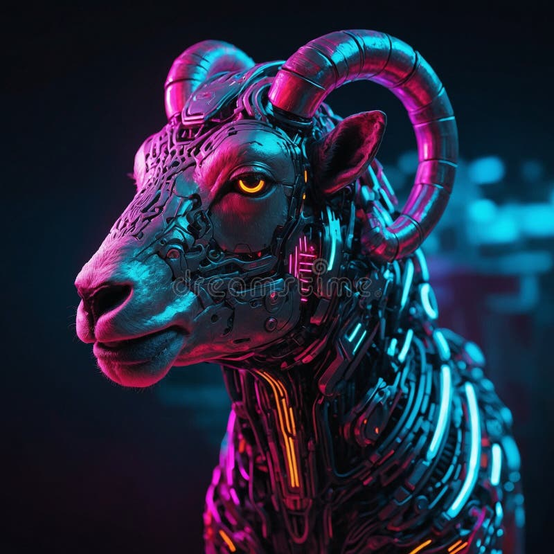 Abstract Neon Light Cyborg Wild Sheep with Horns Wallpaper Stock ...