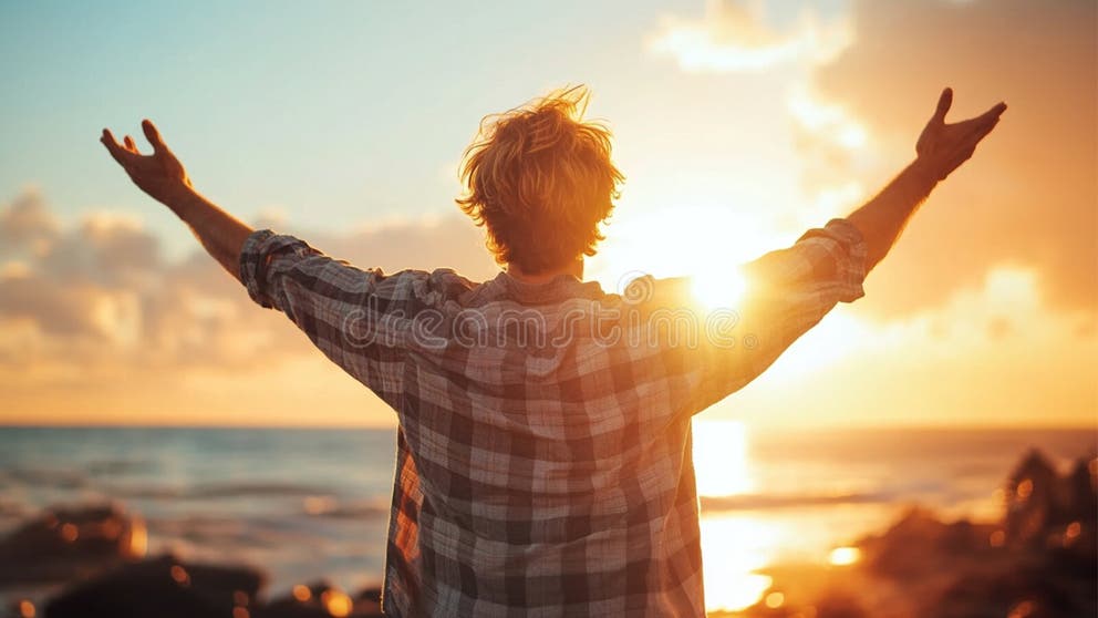 Happy Man at the Ocean Opening His Arms Wide Open To the Blue Sky in ...