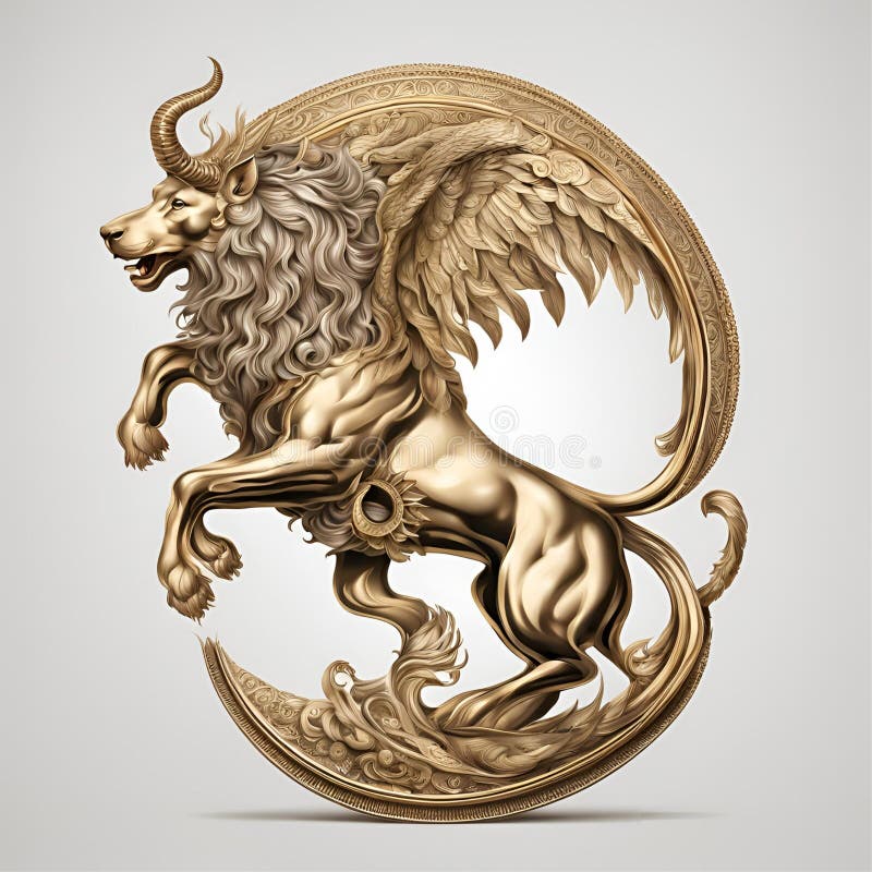 Copper-Gold Metallic Mythical Creature with Fur, Horns, and Wings Stock ...