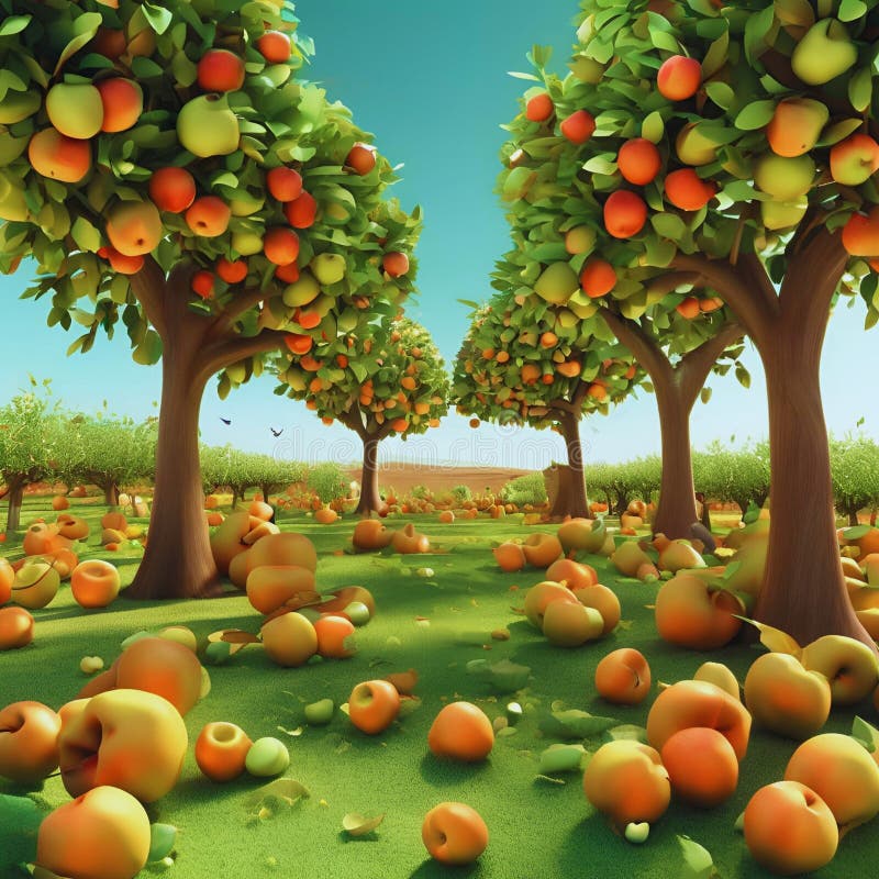 Colorful Orchard with Apple Trees Stock Illustration - Illustration of ...