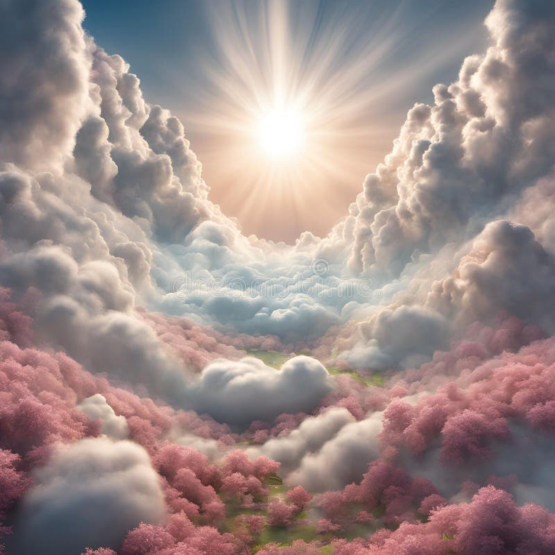 Heavenly Sky with Radiant Sun and Fluffy Clouds Stock Illustration ...